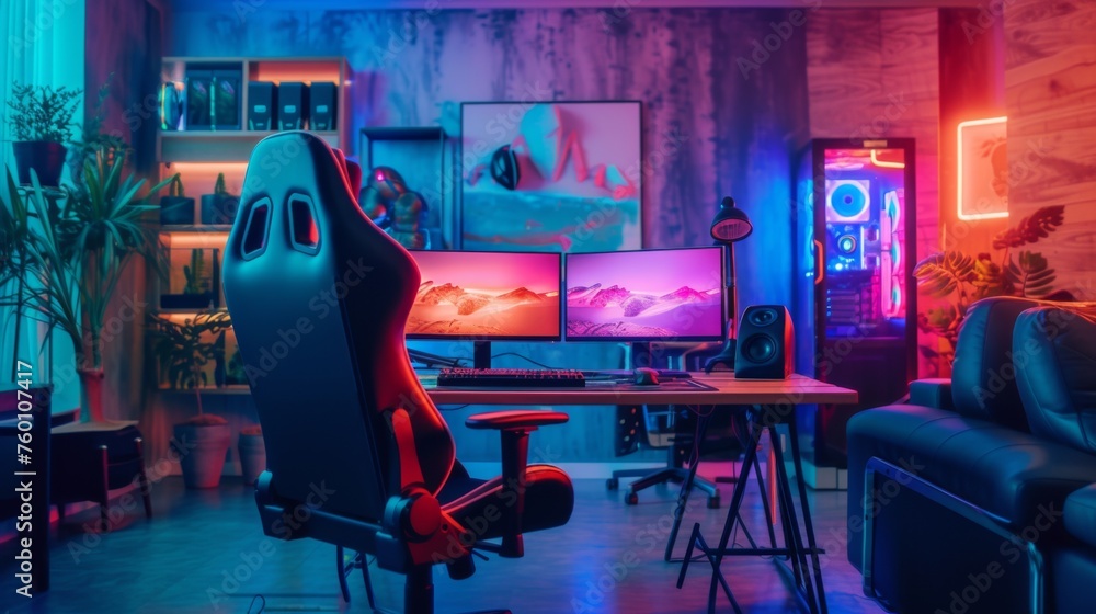 A dynamic gaming setup radiates with neon lights, featuring multiple ...