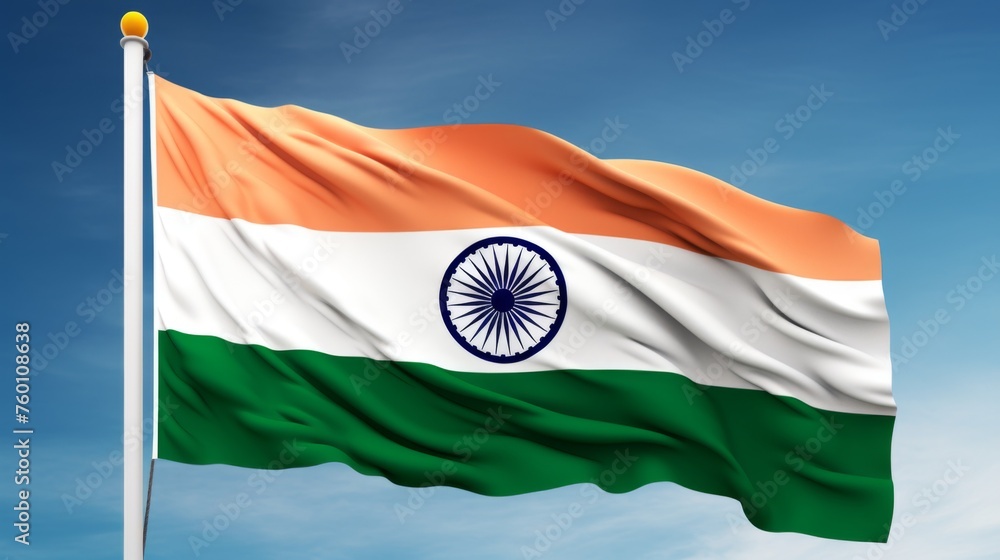 The Indian flag captured in a dynamic flow against the sky, symbolizing ...