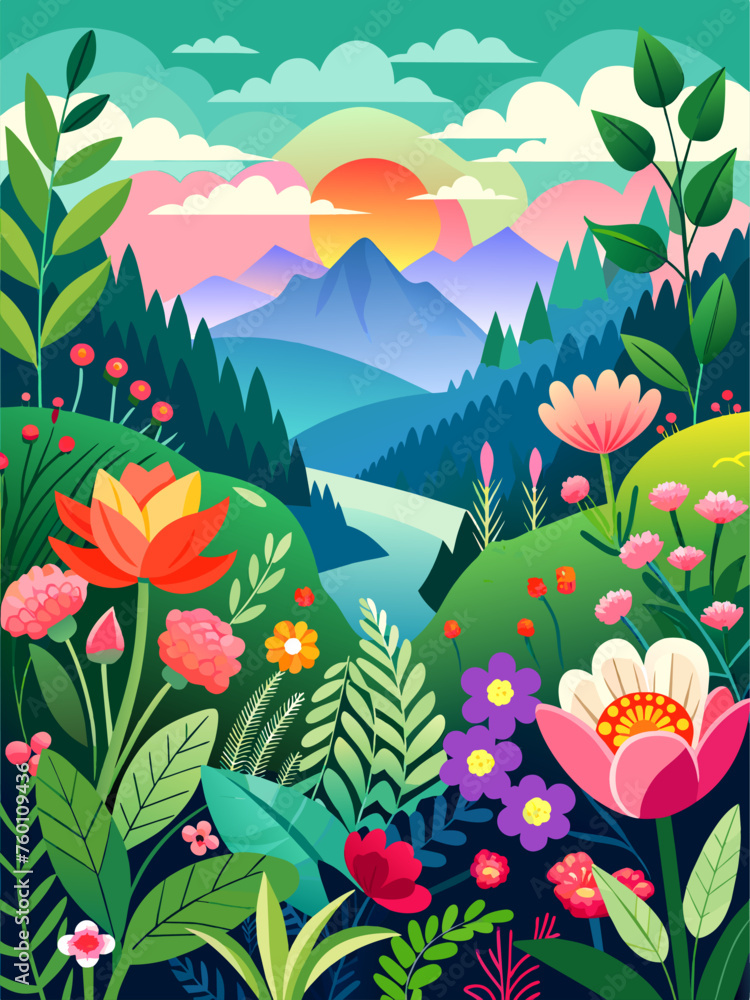 Floral Vector Landscape Background with a vibrant array of flowers and ...
