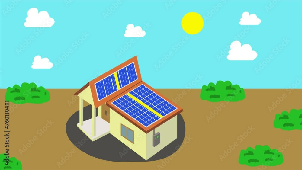Animated illustration of a house installed with solar panels that ...