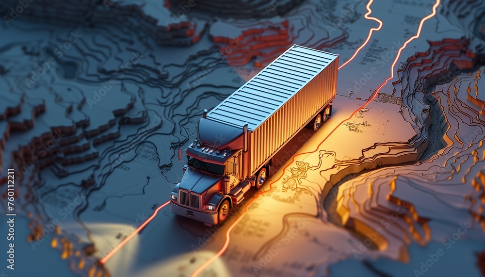Container Truck with GPS Route Visualization on Map.'a container truck ...