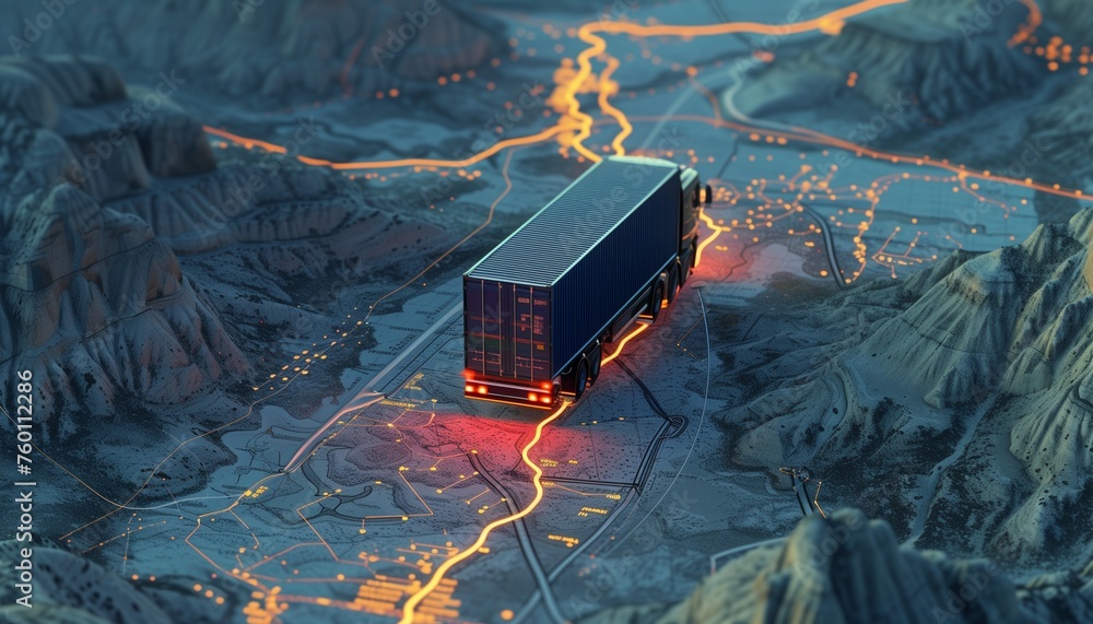 Container Truck with GPS Route Visualization on Map.'a container truck ...