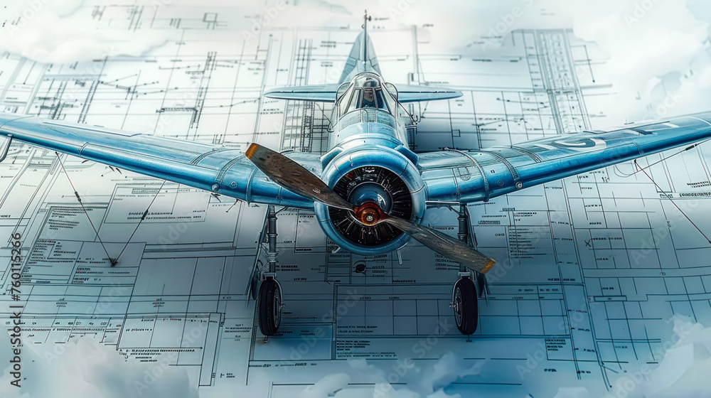 Vintage aircraft on engineering blueprints, merging historical aviation ...