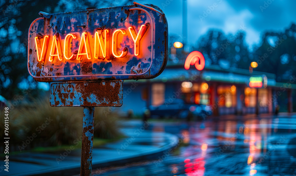 Neon-lit VACANCY sign in bold 3D letters on a reflective blue surface ...