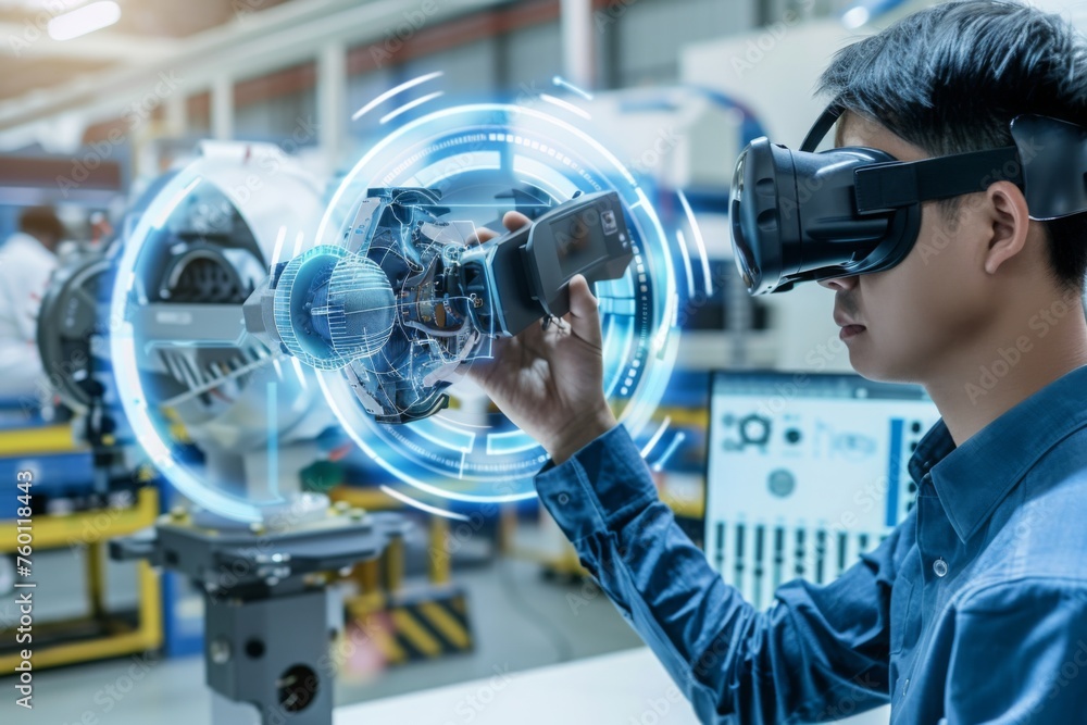 Engineer with AR glasses, overlaying digital instructions of a complex machine. Use of augmented ...