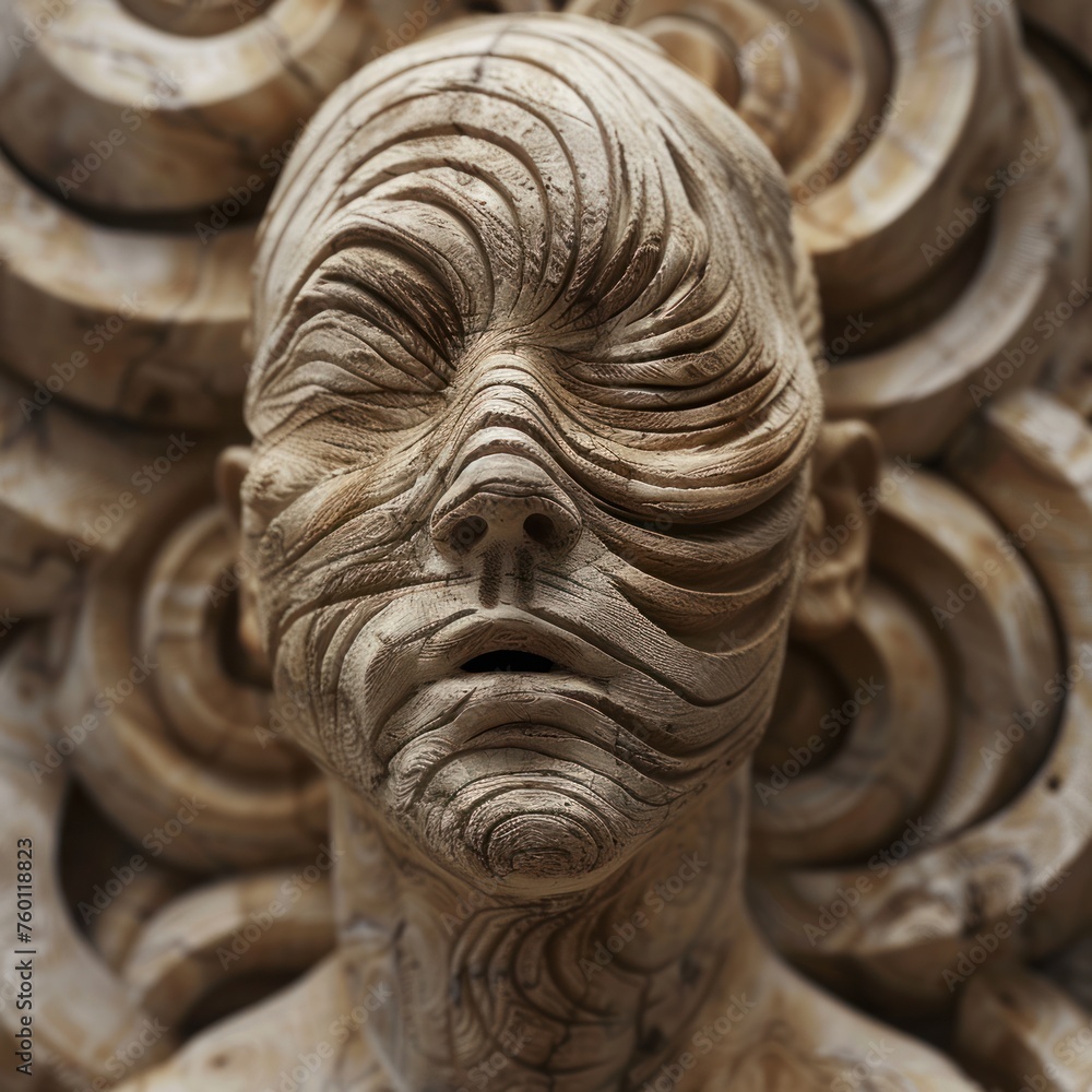 A wooden sculpture of a human face surrounded by a pattern of carved ...