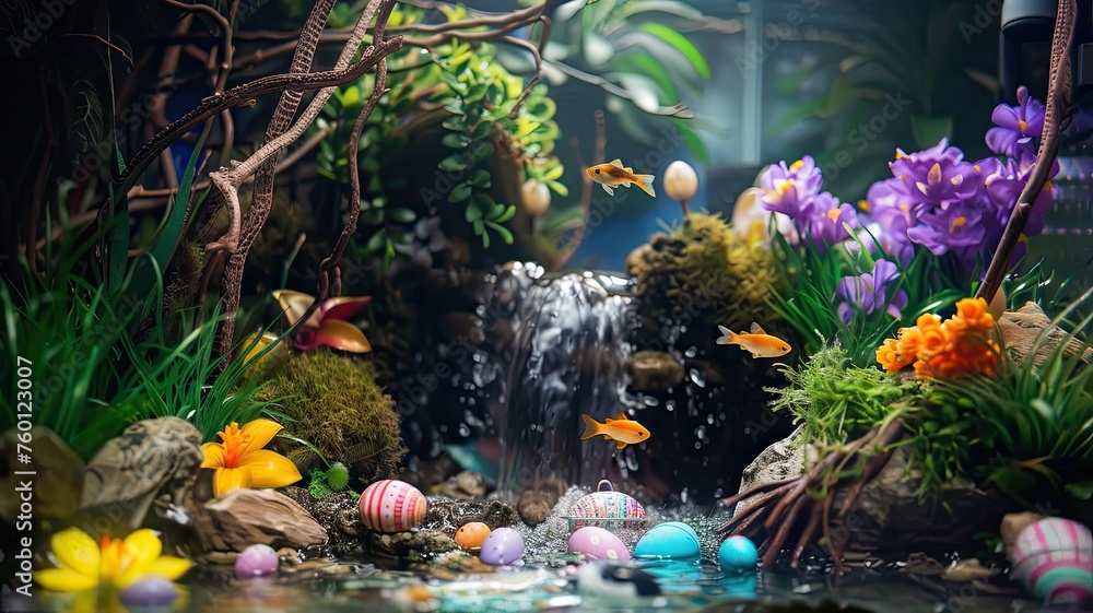 aquarium decorated with easter theme and water fall miniature aquatic ...