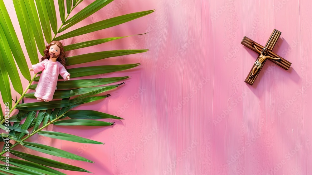 christian pink background with jesus cross and jesus doll decorated ...