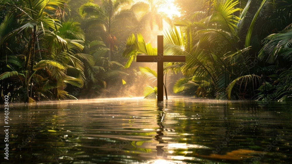 Jesus cross in the midle of the pond with Palm leaf tree at the ...