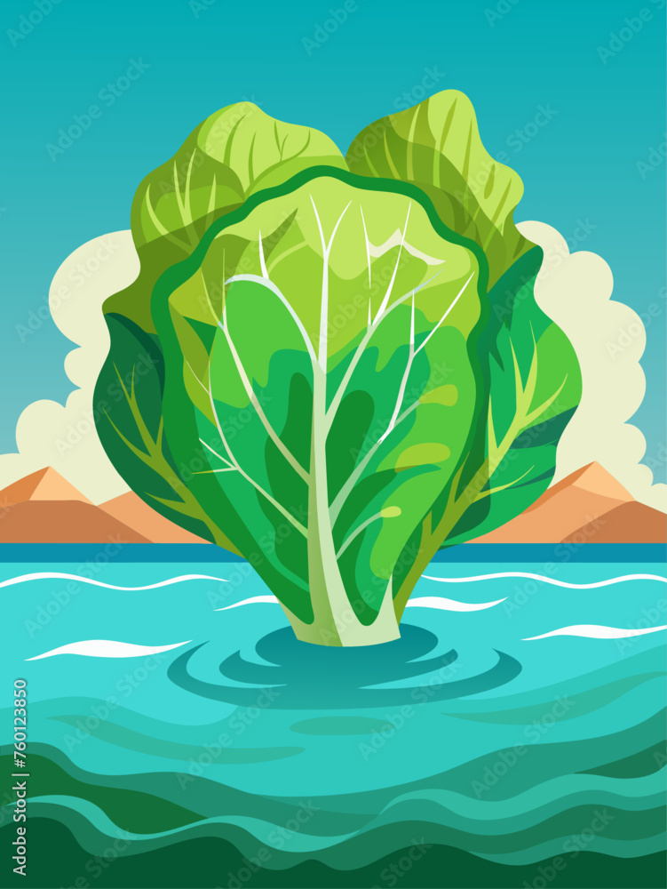 Crisp green lettuce floats in a clear pool of water, creating a ...