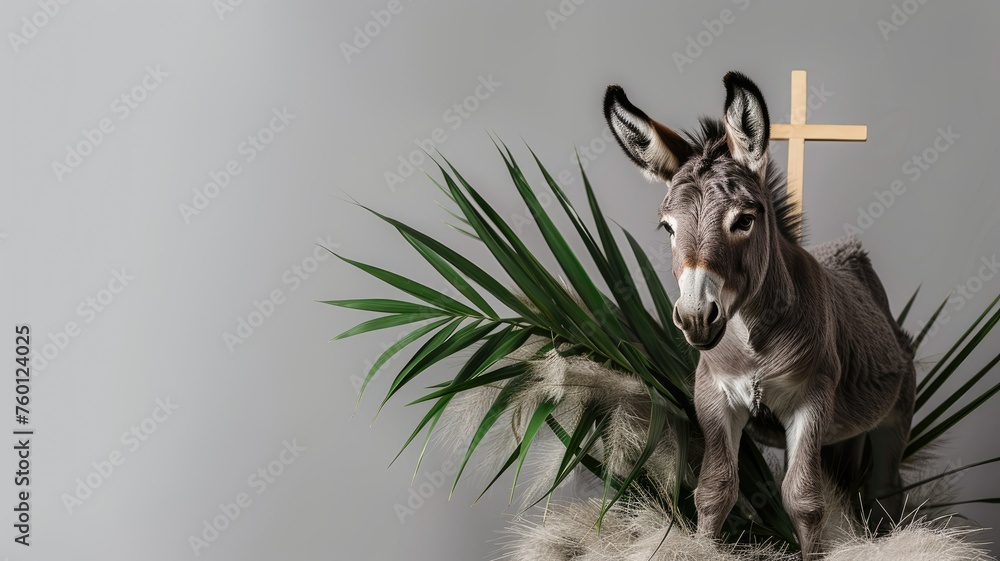 palm sunday icon arrangement of donkey palm leaf and jesus cross with ...