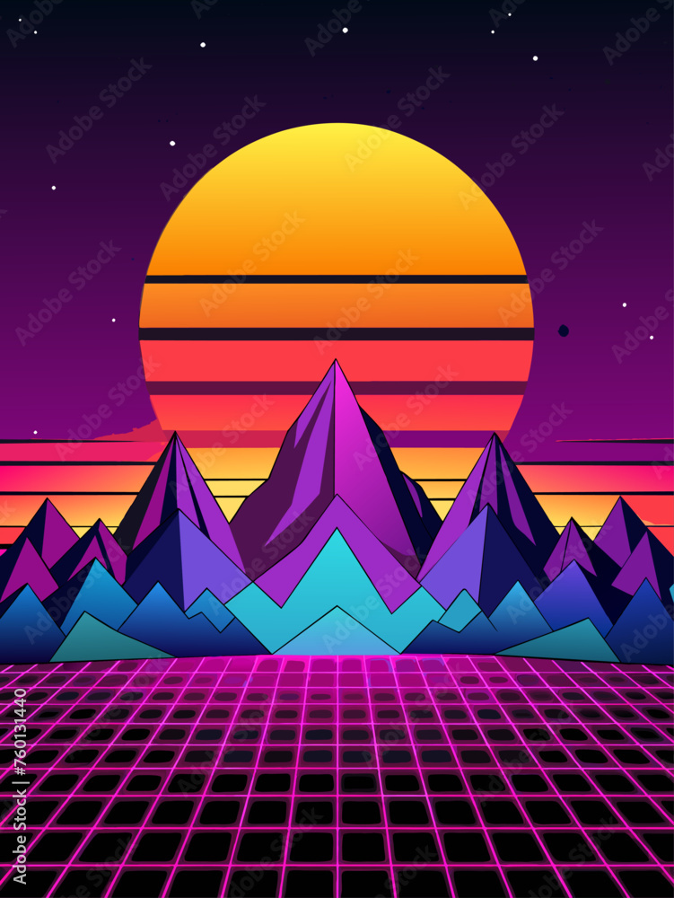 Retro wave vector landscape background with a vibrant sunset and ...