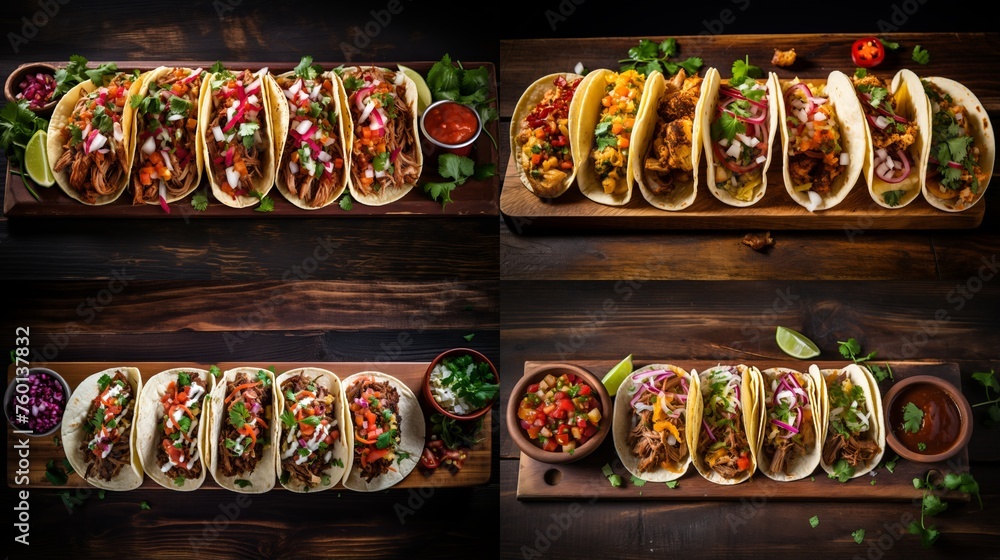 Overhead shot of various taco platters with diverse fillings and ...