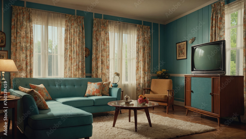 vintage American living room in the 60s style in pastel colors with ...