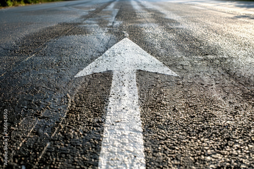 An asphalt road stretches into the distance with a painted white arrow ...