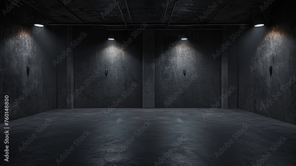 Illuminated corners casting shadows in a large dark room with a ...