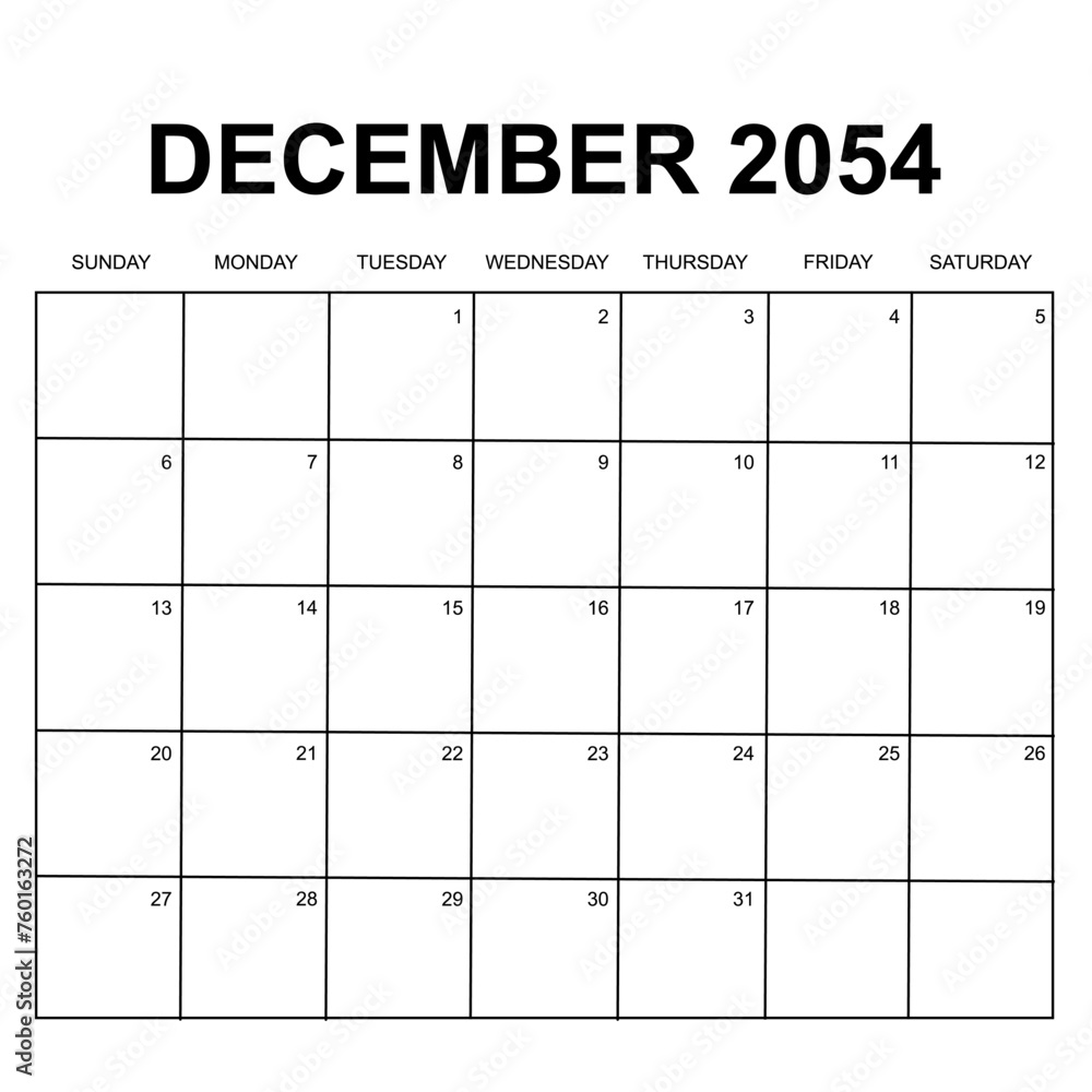 december 2054. monthly calendar design. week starts on sunday ...