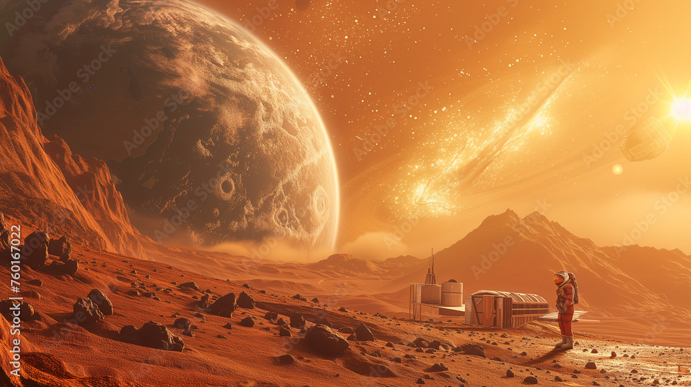 colony or scientific base on Mars. Solar cell and panels. Space mission ...