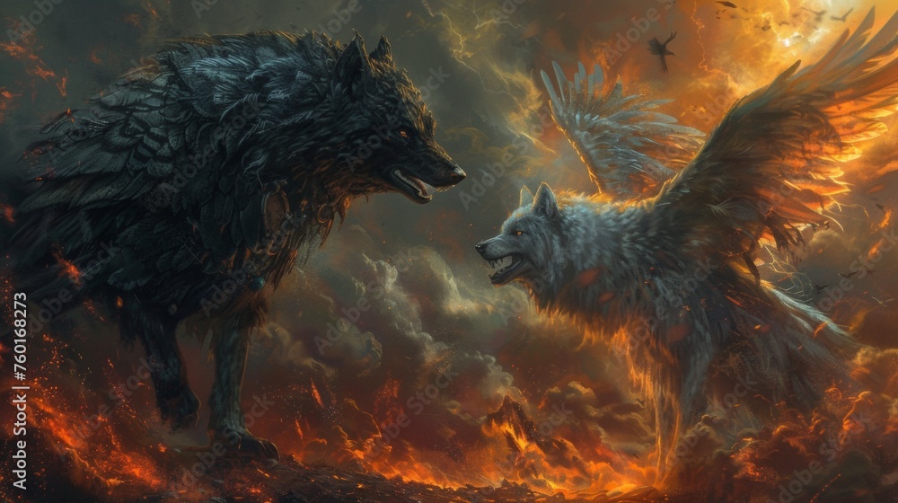 Two wolves fighting in a fiery landscape with flames and fire, AI Stock ...