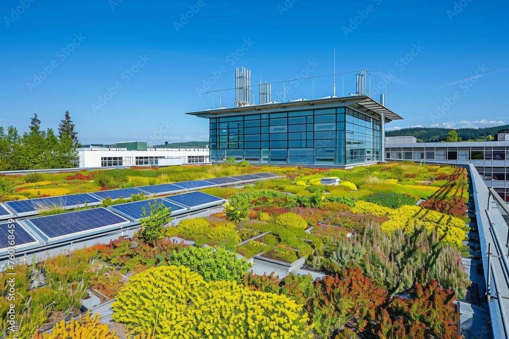 A modern ecofriendly green roof covered in lush vegetation and ...
