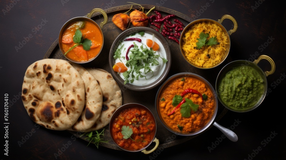 An array of colorful Indian dishes beautifully presented on a rustic ...