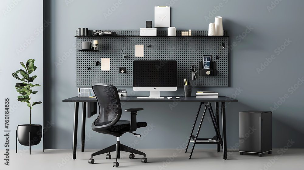 Minimalist office setup incorporating a sleek black desk, a minimalist ...