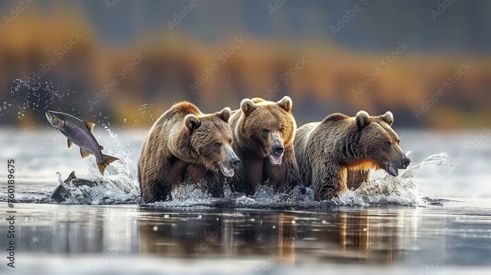 Dynamic bear catching salmon in mid air, vivid image of bear grabbing ...