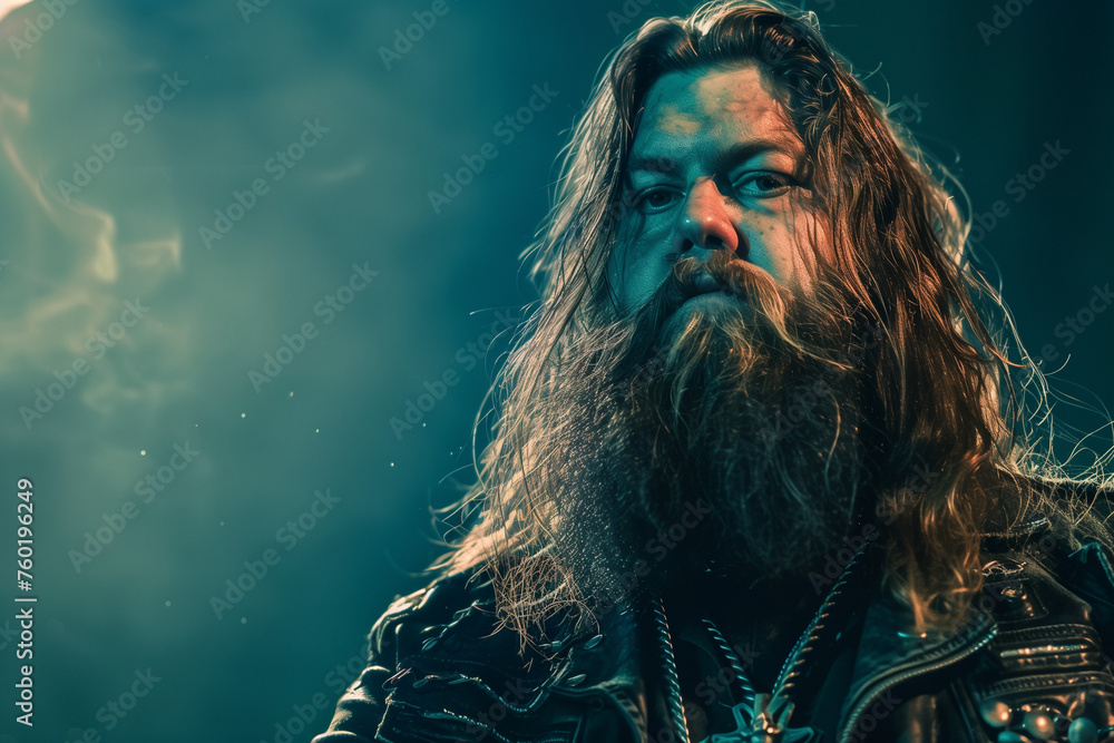 Biker rocker, copy space of a bearded, long-haired, heavy metal-loving ...