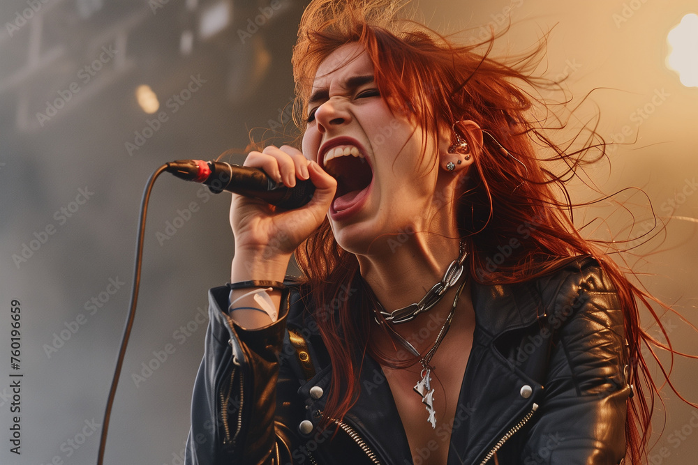 Heavy metal singer and vocalist, female rocker singing screaming into a microphone on stage at a ...
