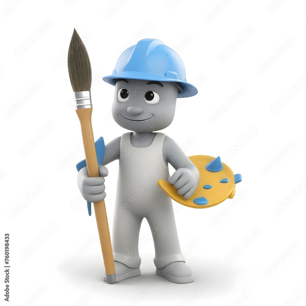 3d human with paint brush and palette, A gray character with no ...