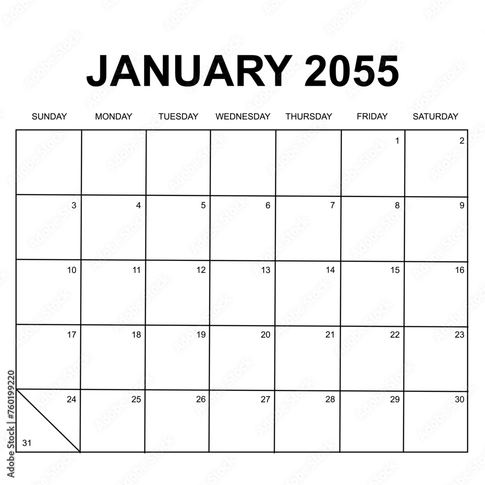 january 2055. monthly calendar design. week starts on sunday. printable ...