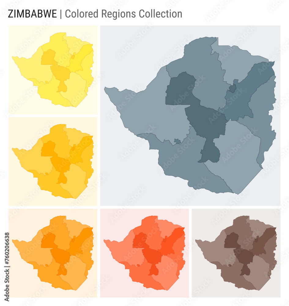 Zimbabwe map collection. Country shape with colored regions. Blue Grey ...