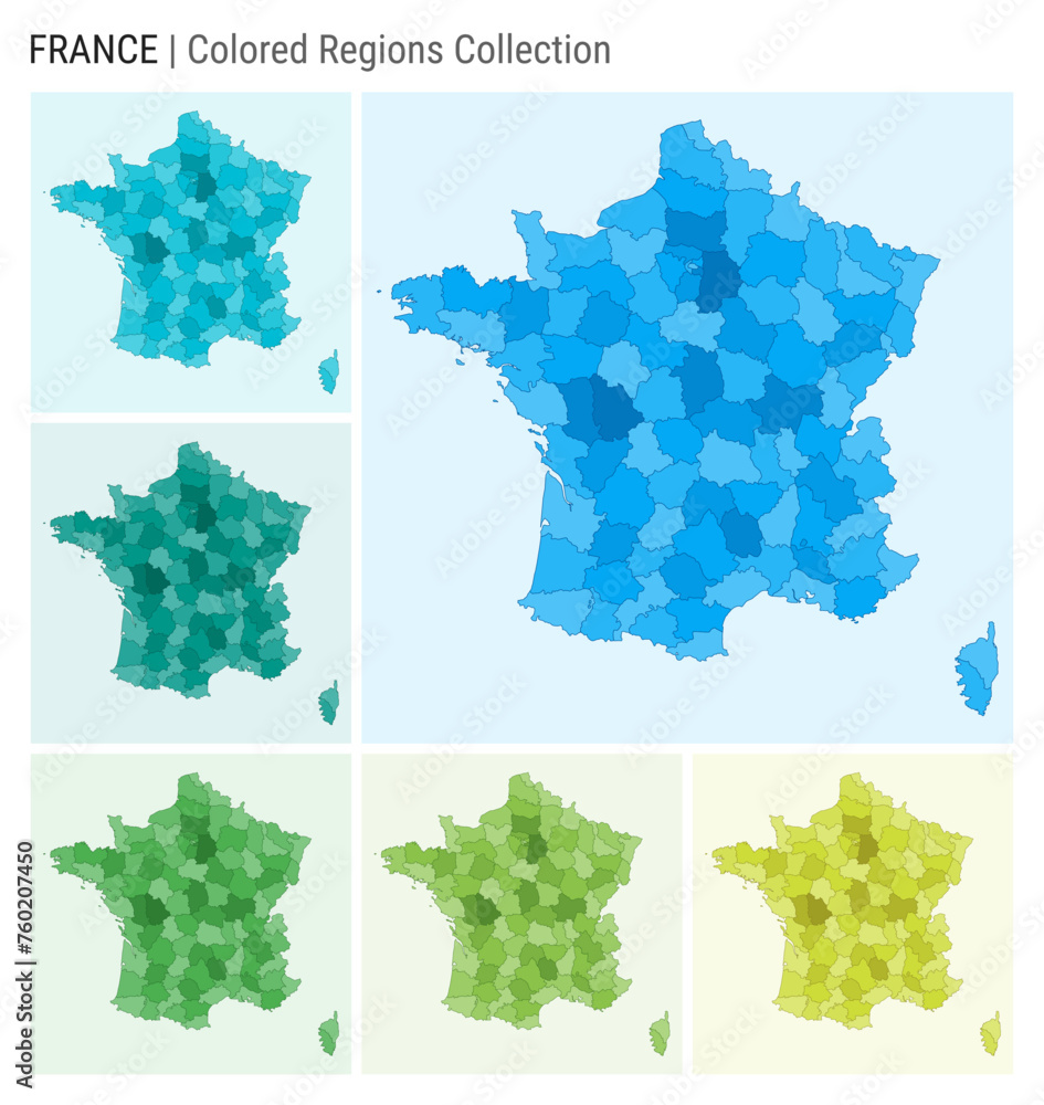 France map collection. Country shape with colored regions. Light Blue ...
