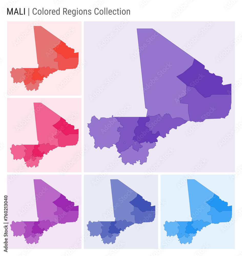 Mali map collection. Country shape with colored regions. Deep Purple ...