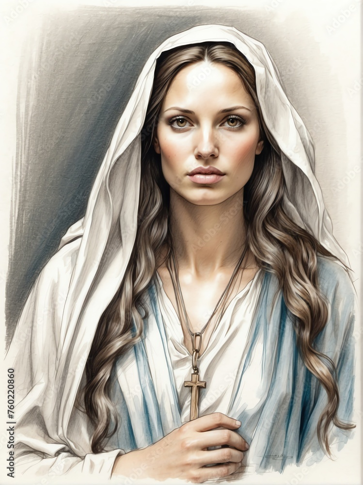 Saint Mary Magdalene hand drawn sketch portrait on plain white ...