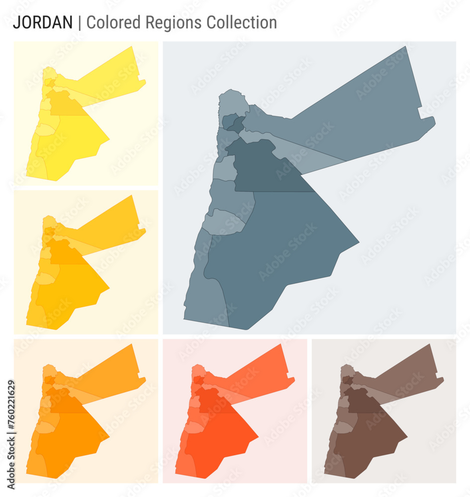 Jordan map collection. Country shape with colored regions. Blue Grey ...