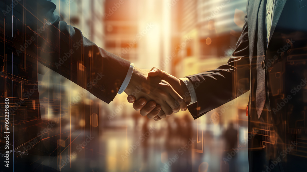 two America men in suits shaking hands,say goodbye in front of the main ...
