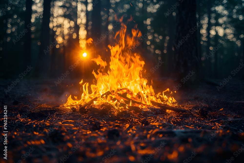 Campfire in the forest. Beautiful landscape of nature and trees. Sparks ...