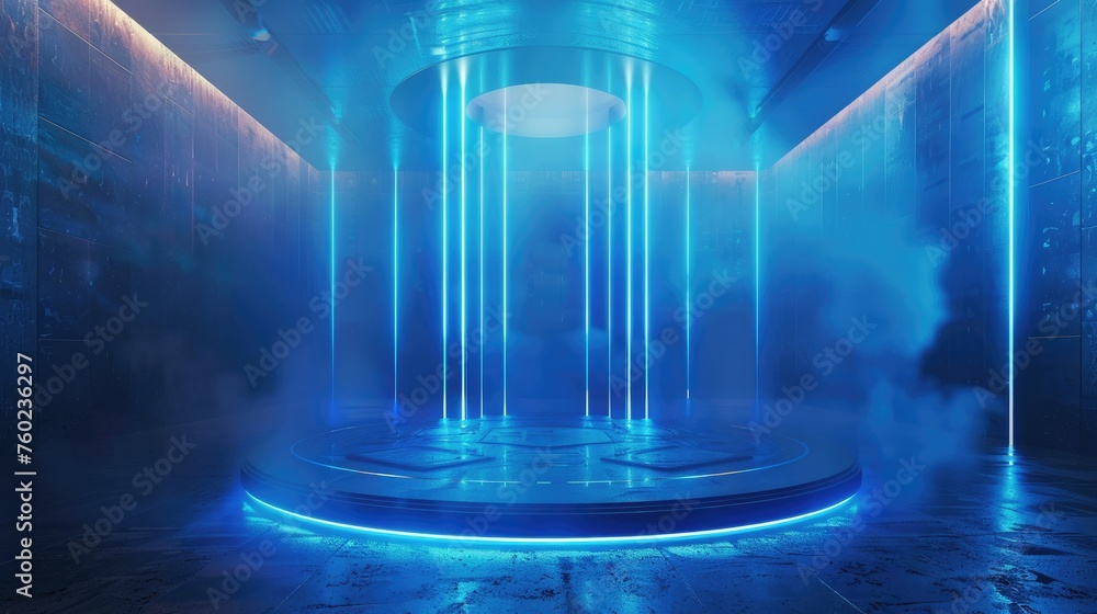 Futuristic teleportation chamber with blue neon lights and smoke, sci ...