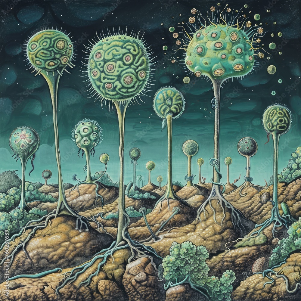 A depiction of bacteriophages as elegant alien trees planting their ...