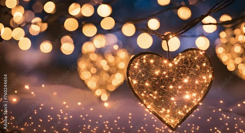 A heart-shaped constellation of fairy lights suspended in the darkness ...