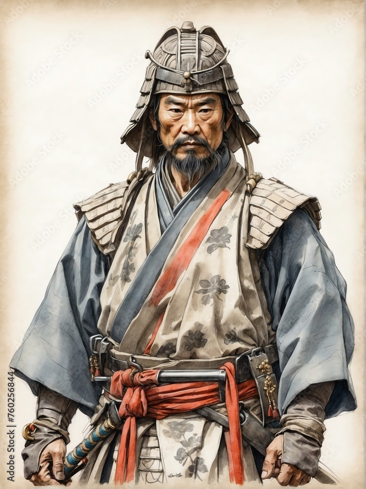 A typical ronin in ancient japanese empire hand drawn sketch portrait ...