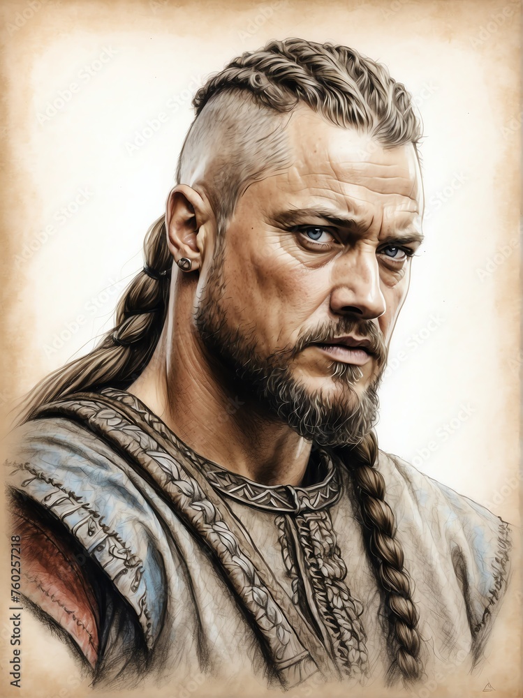 Ragnar Lodbrok hand drawn sketch portrait on plain white background ...