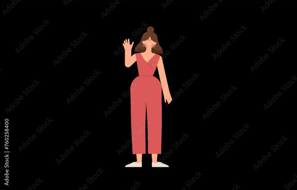 2D Illustrated Girl in Red Jumpsuit Waving Hand and Showing Greetings ...