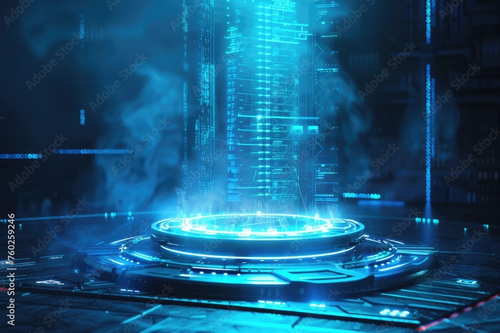 Neon-lit high-tech facility with holo-platform - This image showcases a ...