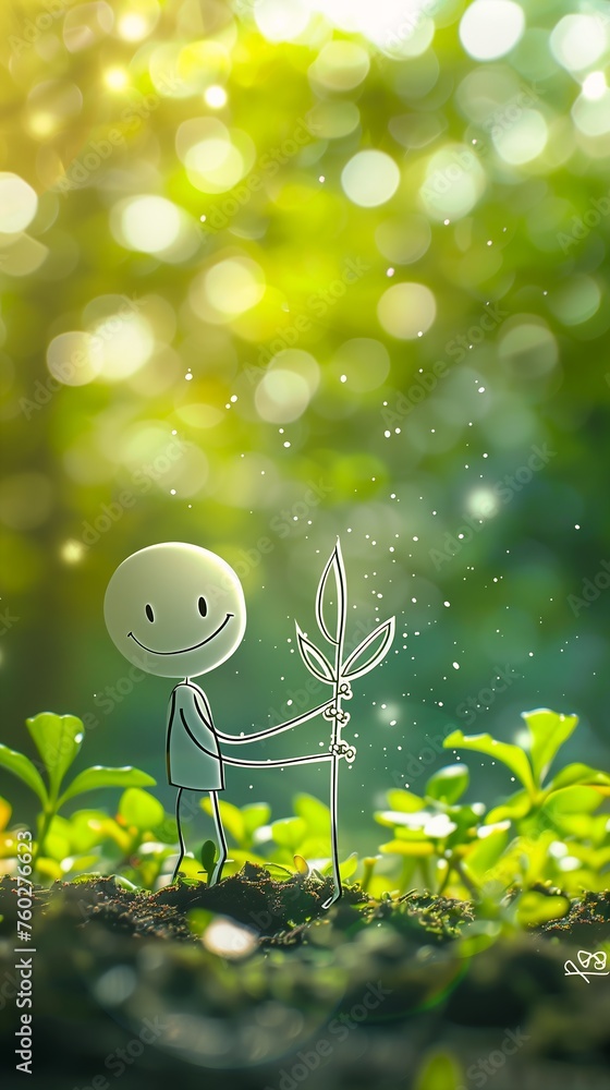 cartoon figure holding plant middle field positive mood particles ...