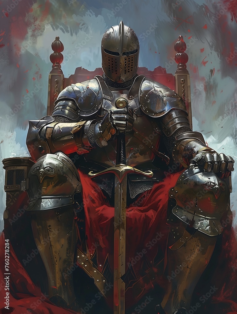 knight sitting throne sword moderator rusty red helmet armor parallel ...