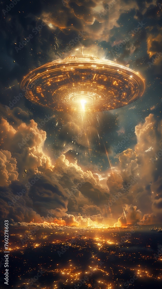 large flying object sky blurry dreamy illustration mothership opening ...