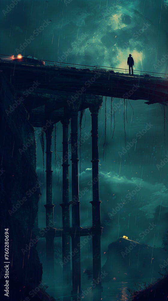 man standing bridge rain environment ambient key closeup fractured ...