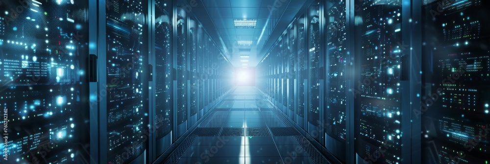 Futuristic Server Room with Bright Light End - A corridor within a data ...